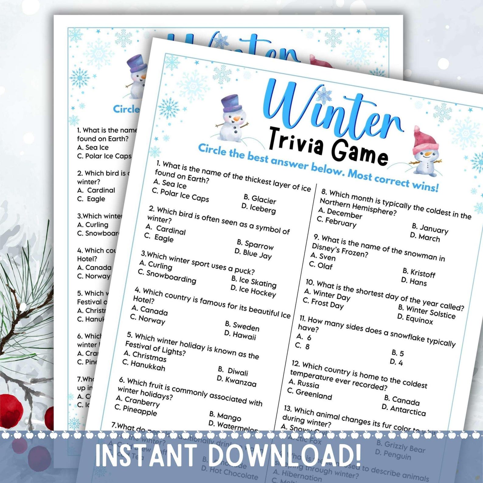 Winter Trivia Game | Printable Winter Games | Winter Game for Adults ...