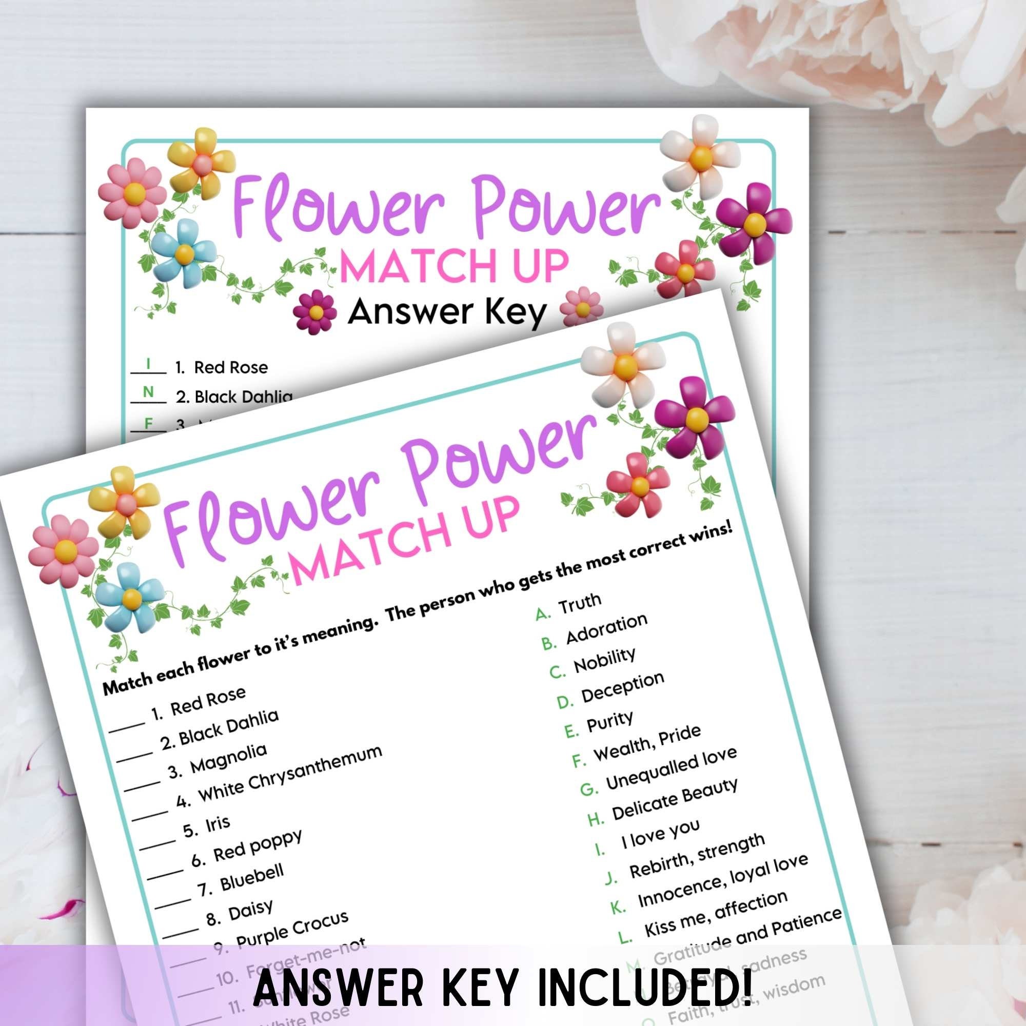 Spring Flower Power Trivia Match up | Flower Matching Game | Printable ...