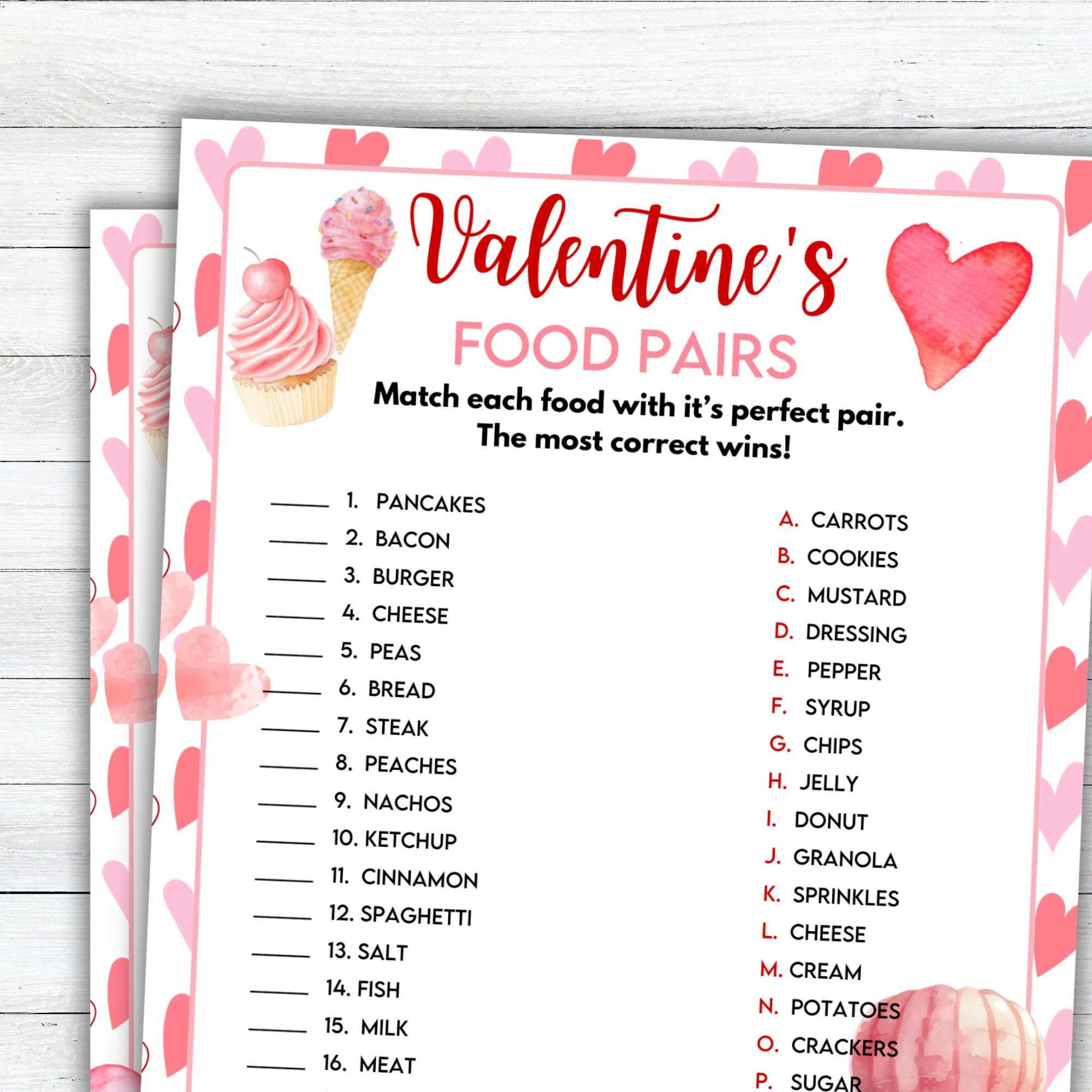Valentine’s Day Food Pairs Game, Food Pairs Game, Valentine's Day Party ...