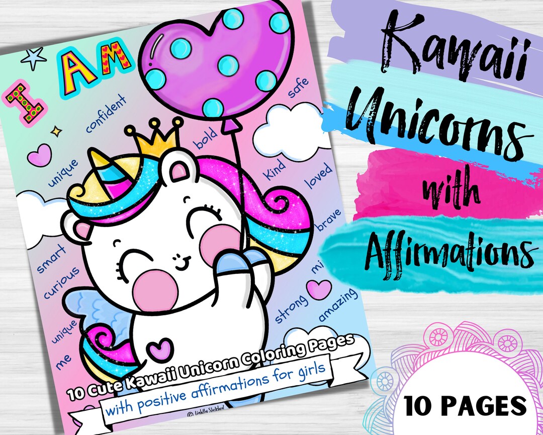 Kawaii Unicorn Coloring Pages: Positive Affirmations (digital Download ...