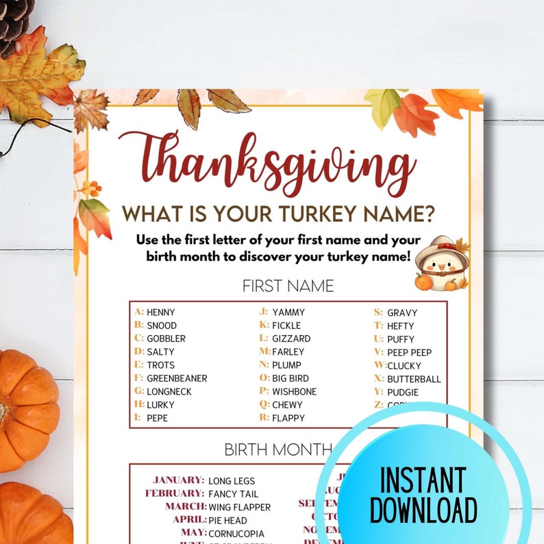 Thanksgiving Game Printable, What is Your Turkey Name, 2023 ...