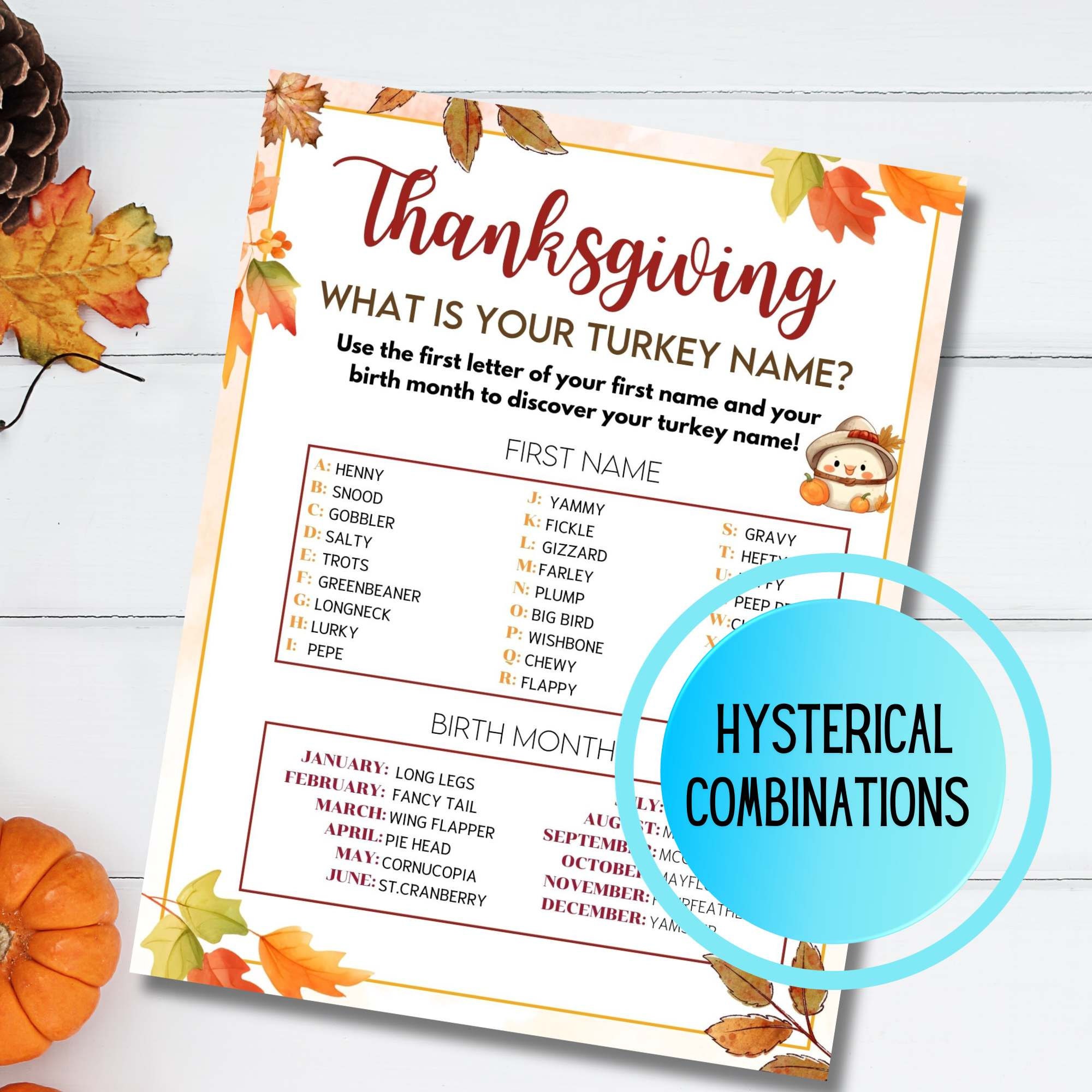 Thanksgiving Game Printable, What is Your Turkey Name, 2023 ...