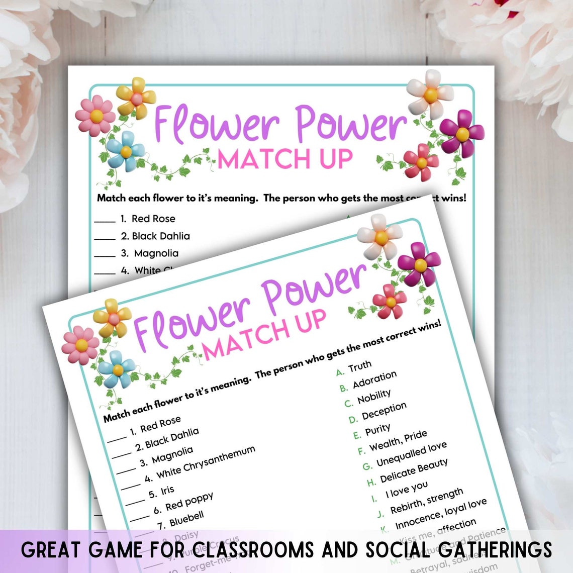 Spring Flower Power Trivia Match up | Flower Matching Game | Printable ...