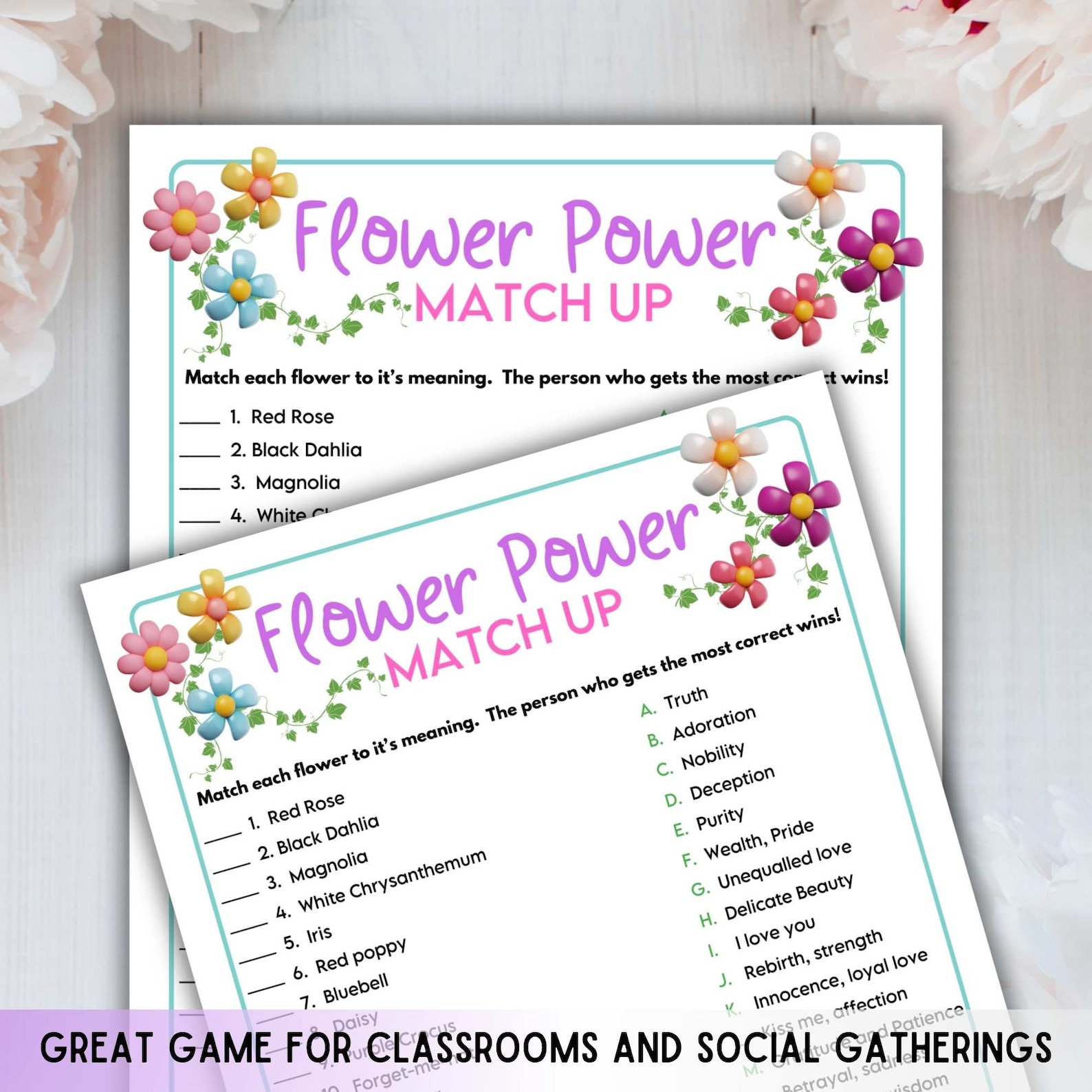 Spring Flower Power Trivia Match up | Flower Matching Game | Printable ...