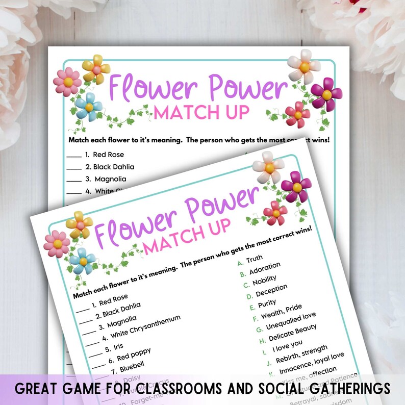 Spring Flower Power Trivia Match up | Flower Matching Game | Printable ...