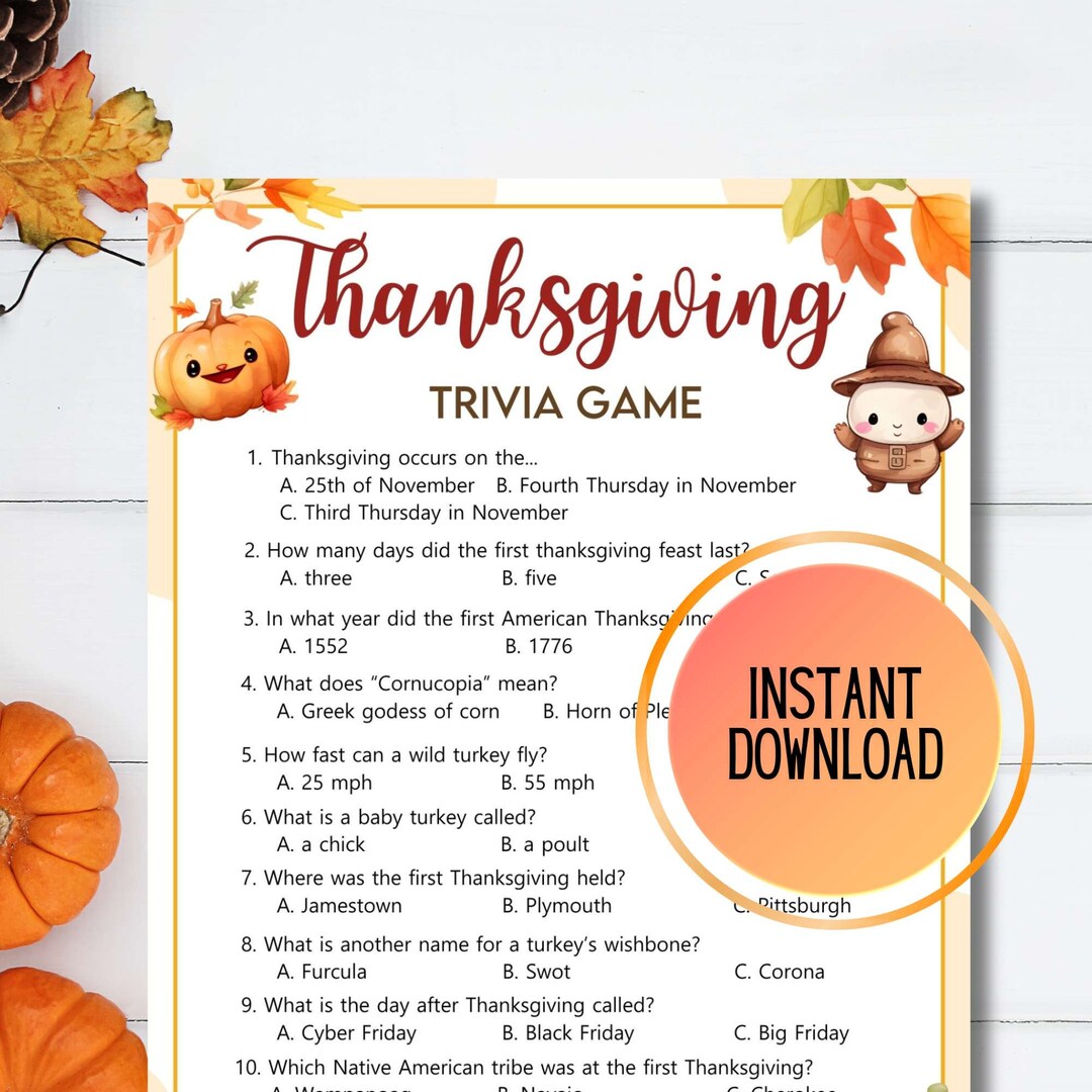 Thanksgiving Trivia Game, Thanksgiving Party Games, Thanksgiving Trivia ...