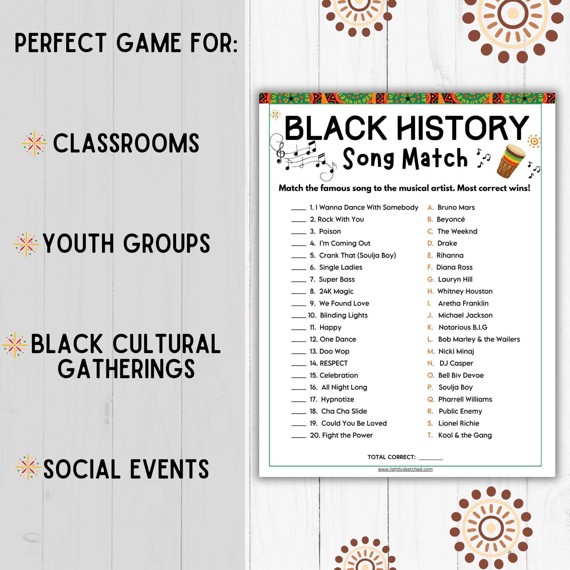 Black History Month Music Trivia, Black History Month Song Match, Fun ...