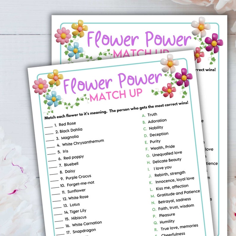 Spring Flower Power Trivia Match up | Flower Matching Game | Printable ...