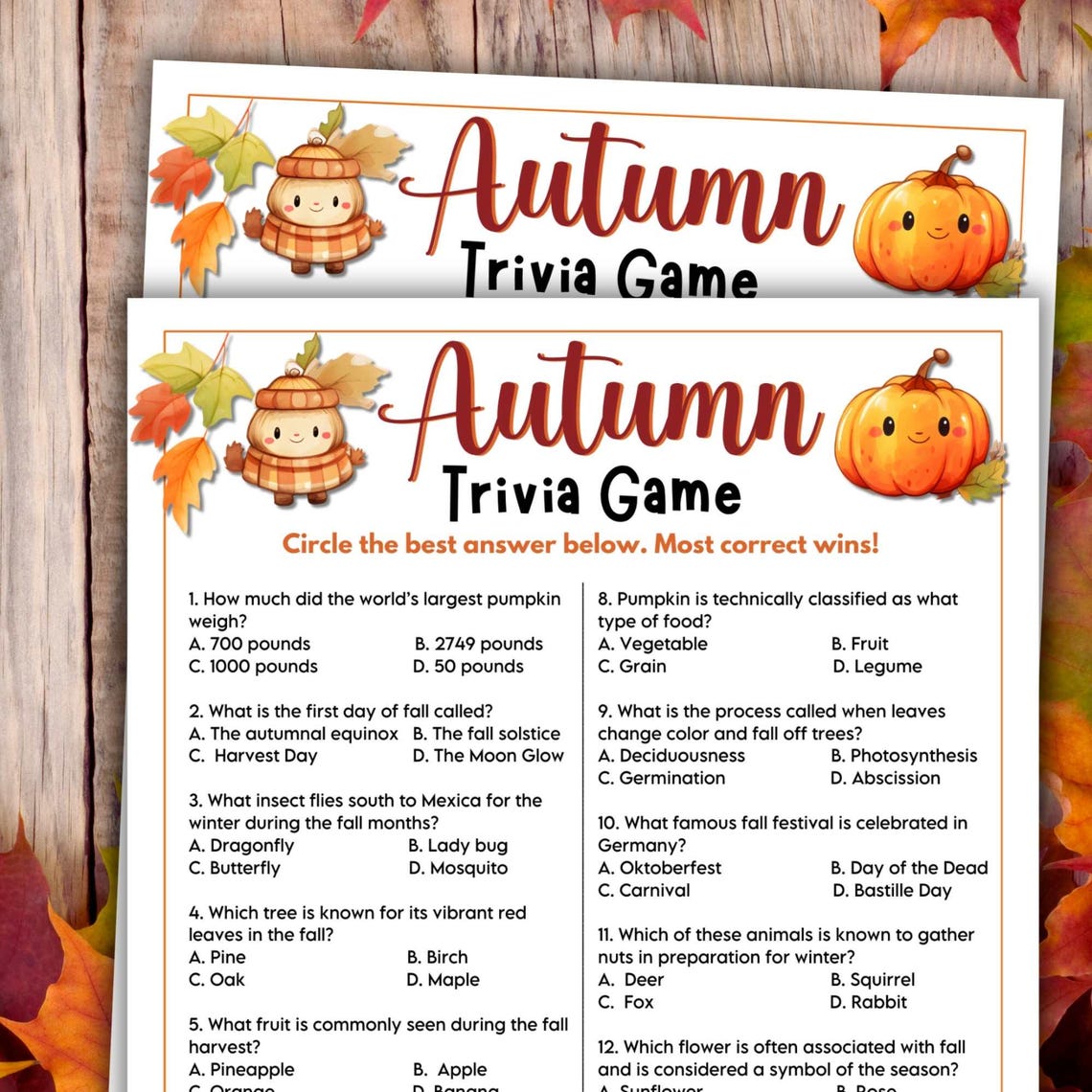 Fall Trivia Game | Printable Autumn Games | Autumn Game for Adults ...