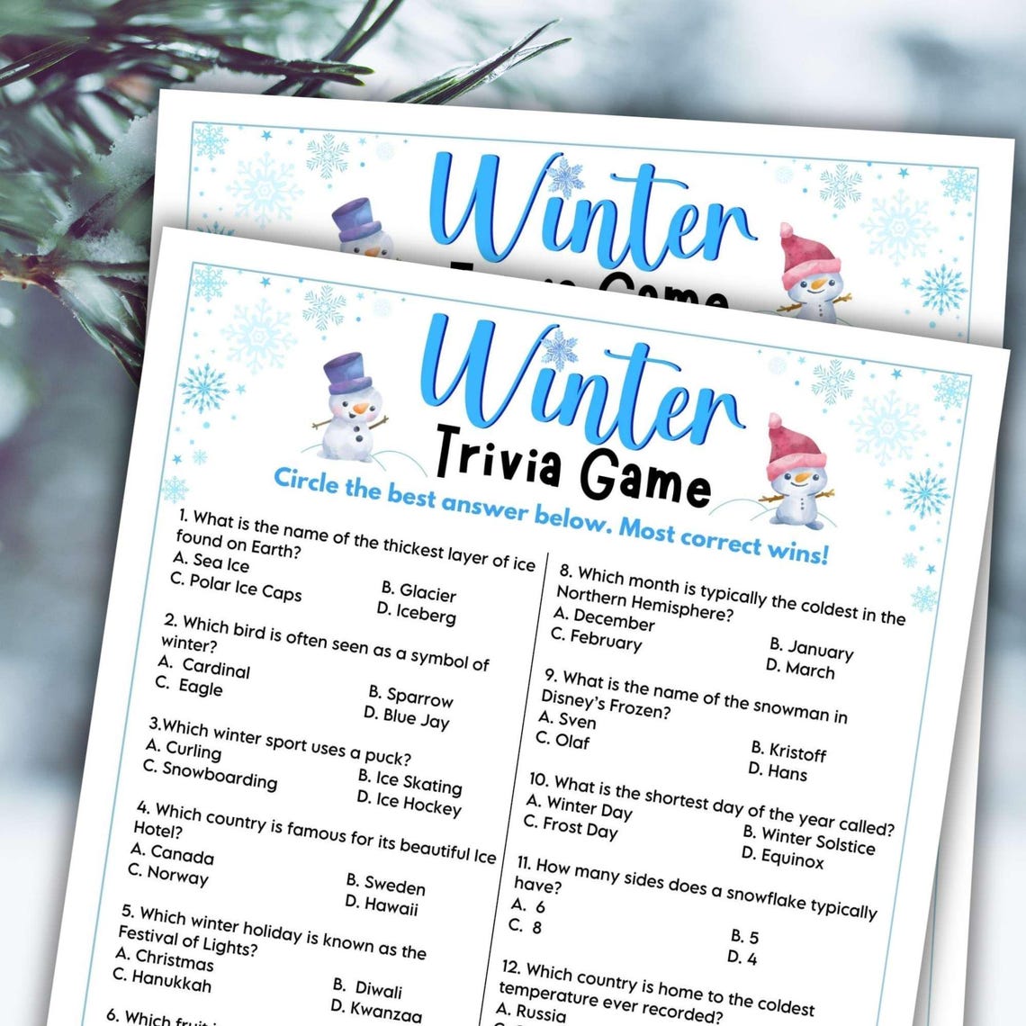 Winter Trivia Game | Printable Winter Games | Winter Game for Adults ...