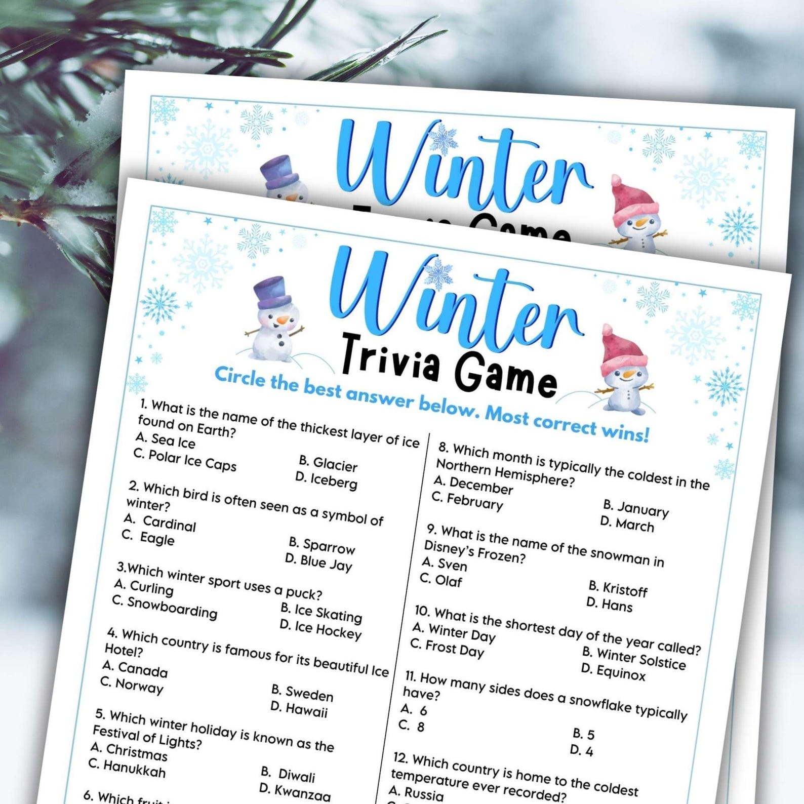 Winter Trivia Game | Printable Winter Games | Winter Game for Adults ...