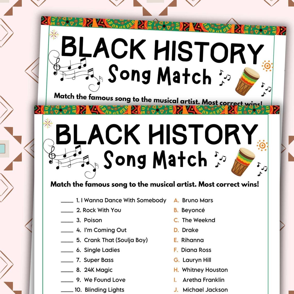 Black History Month Music Trivia, Black History Month Song Match, Fun ...