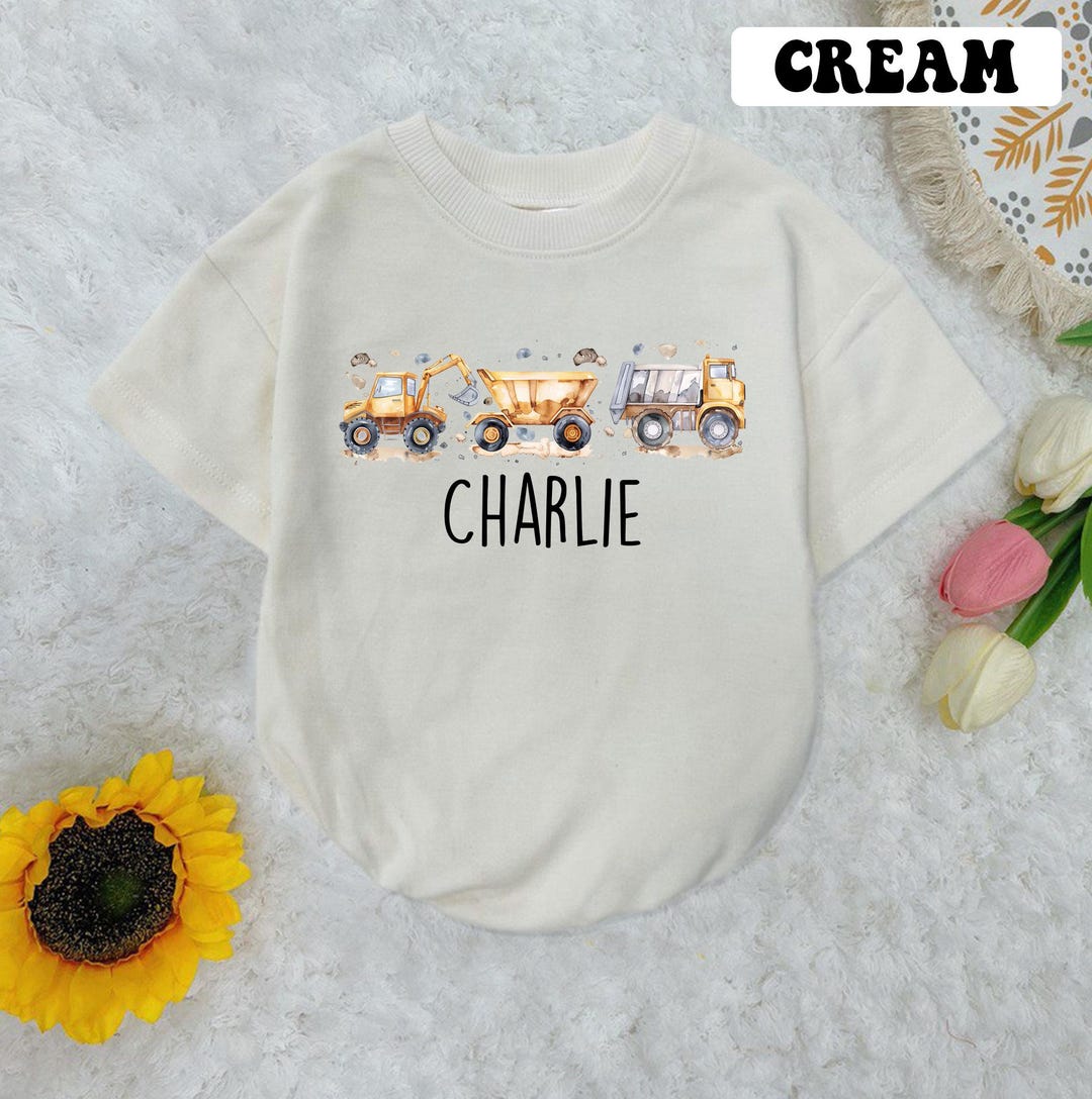 Personalized Construction Baby Romper Short Sleeves, Construction Truck ...