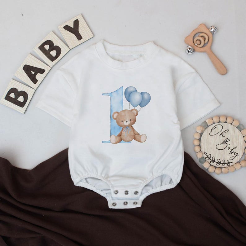 Baby Boy 1st Birthday Romper, Teddy Bear Blue Balloon Outfit, First ...