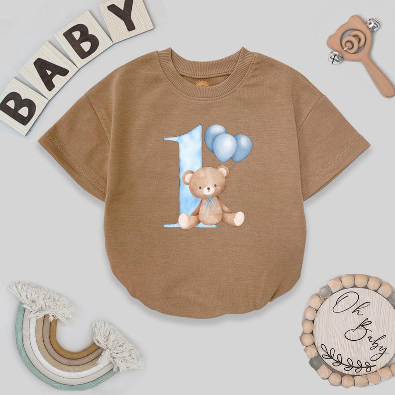 Baby Boy 1st Birthday Romper, Teddy Bear Blue Balloon Outfit, First ...