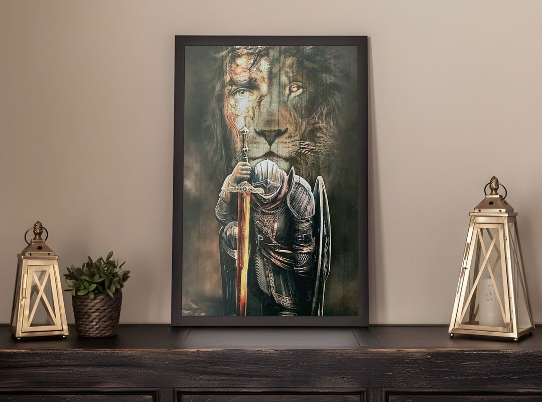 Vintage Jesus Christ With Lion and Kneeling Knight Framed, God Canvas ...
