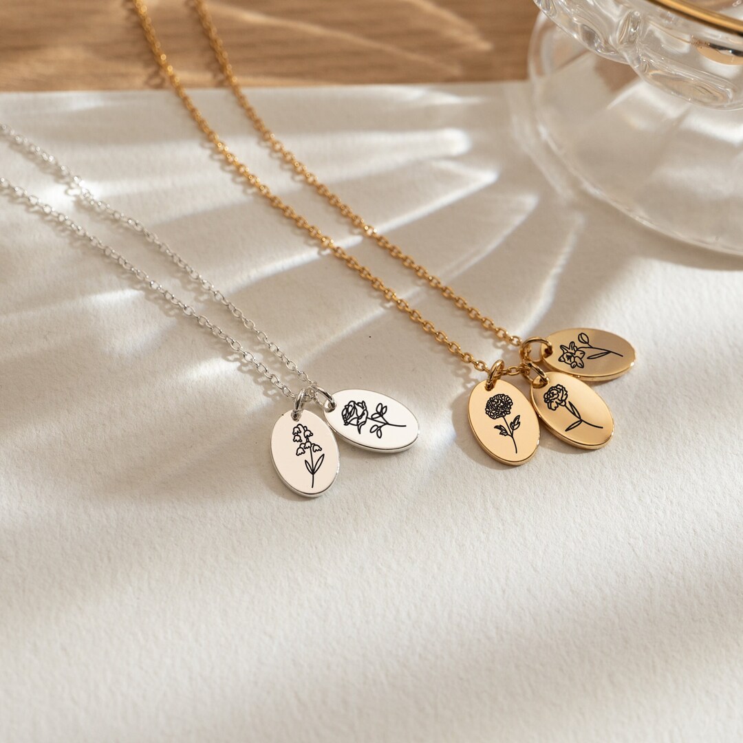 Personalized Birth Flower Disc Necklace, Month Initial Charm Necklace ...