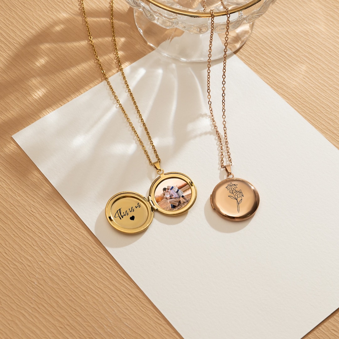 Birth Flower Locket Necklace With Photo,round Locket,engraved Locket ...