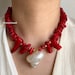Red Coral Necklace With Sea Shell Pendant , Shell Necklace , Chunky ...