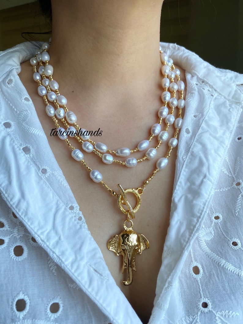 Multistrand Pearl Necklace: 14k Gold Filled Elephant Pendant - Etsy