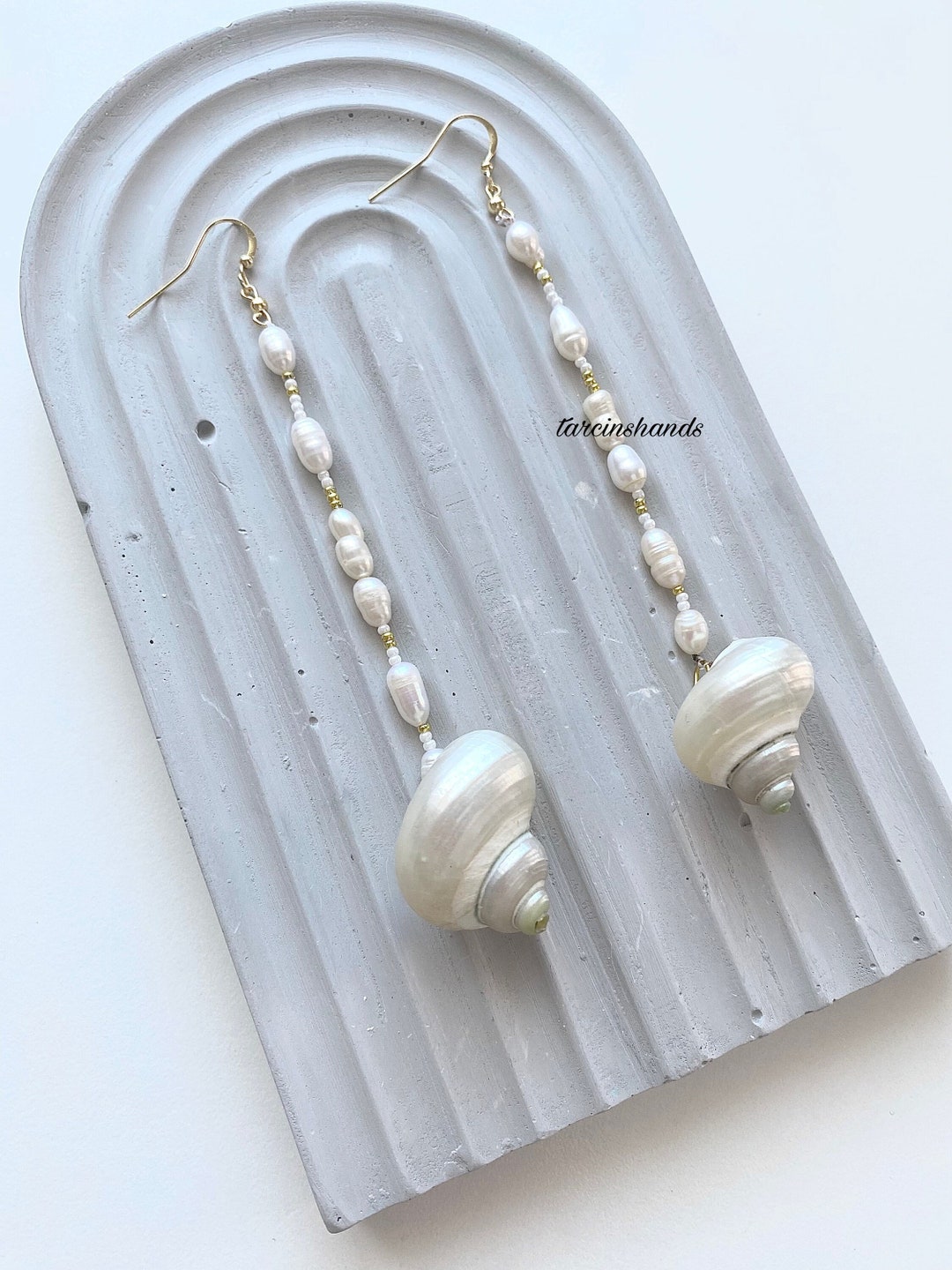 Large White Conch & Pearl Earrings , Seashell Earrings , Bohemia Turbo ...