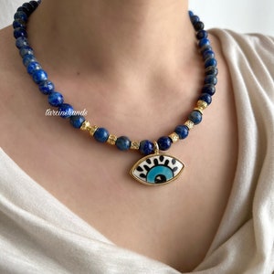 Lapis Lazuli Gold-filled Necklace With Ceramic Evil Eye Pendant ...