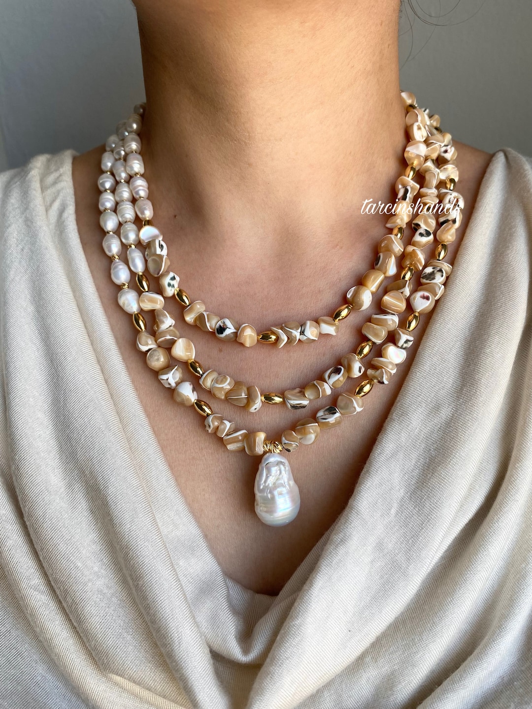 Multistrand Mother of Pearl Freshwater Pearl Gold Filled Necklace With Baroque Pearl Pendant ...