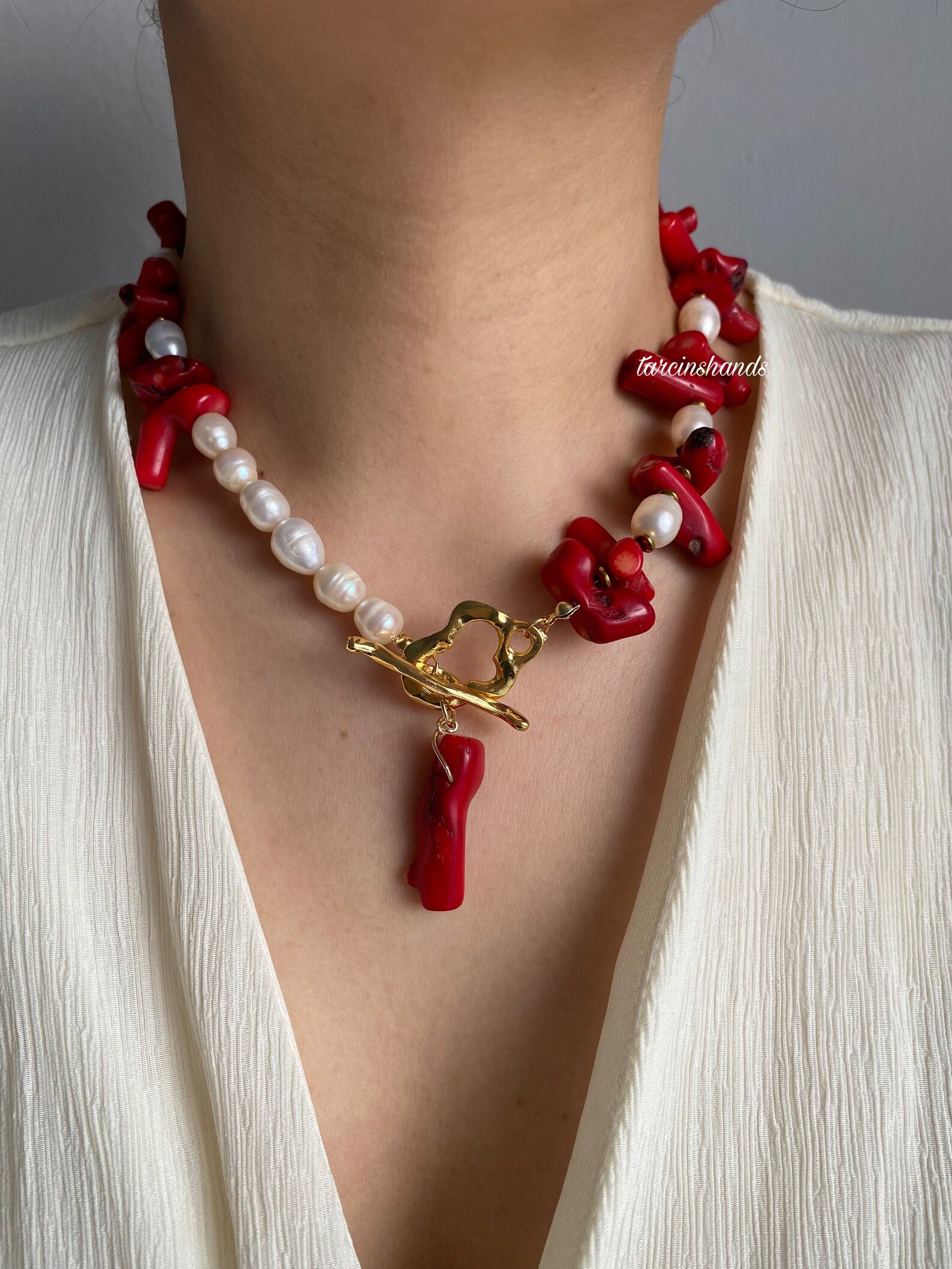 Coral Gold Toggle Necklace With Freshwater Pearl , Pearl and Coral ...