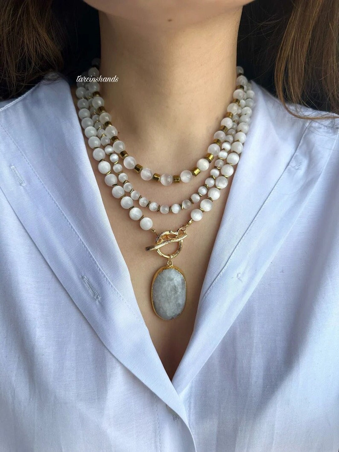 Selenite Necklace , Beaded Selenite Necklace , Multistrand Gemstone ...