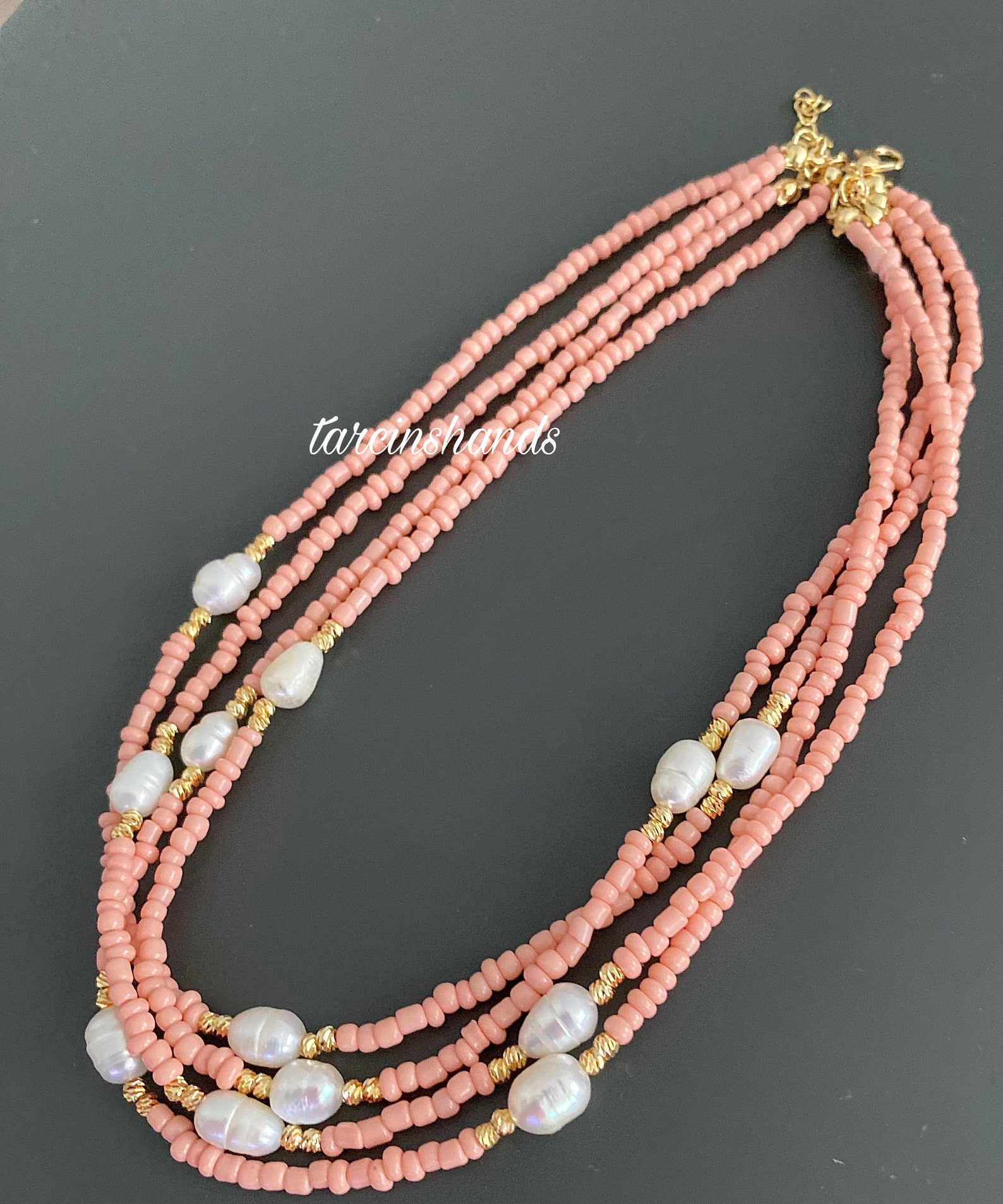Multistrand Seed Bead Pearl Gold Necklace , Layered Seed Bead Necklace ...