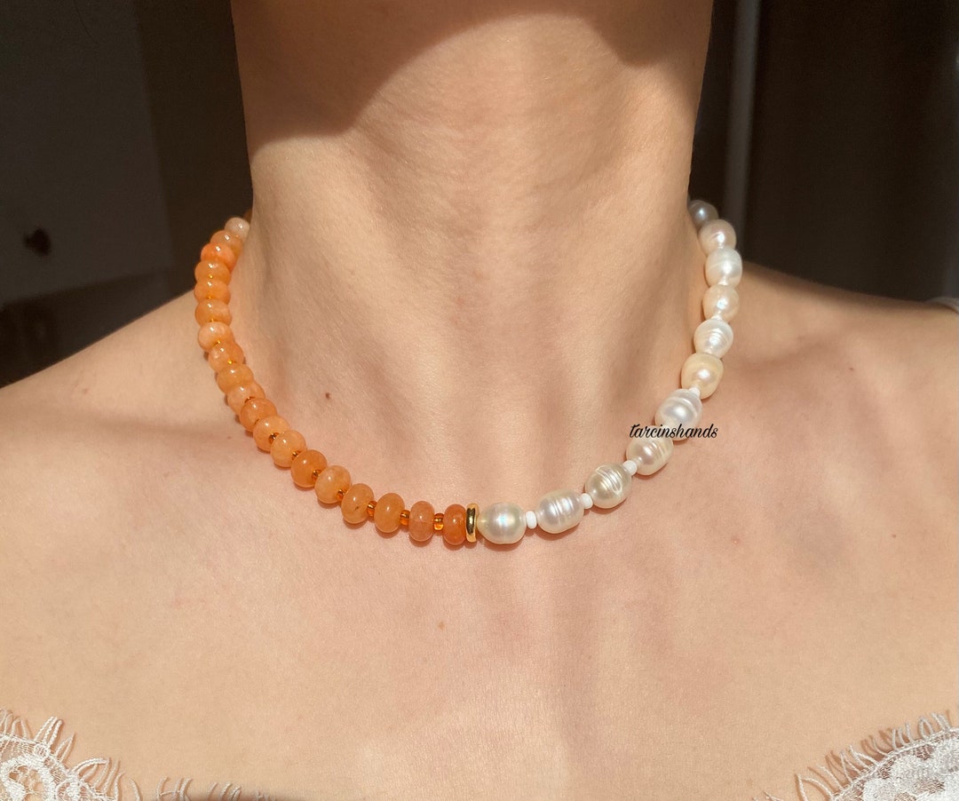 Orange Gemstone Necklace With Freshwater Pearls , Half Half Necklace ...