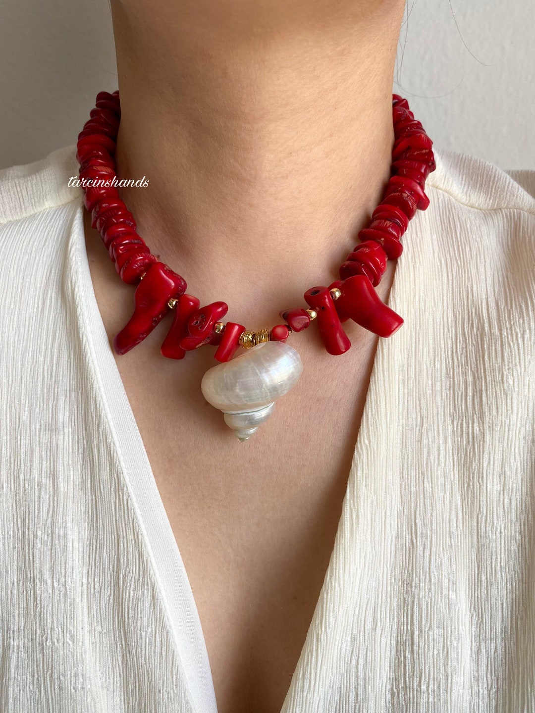 Red Coral Necklace With Sea Shell Pendant , Shell Necklace , Chunky ...