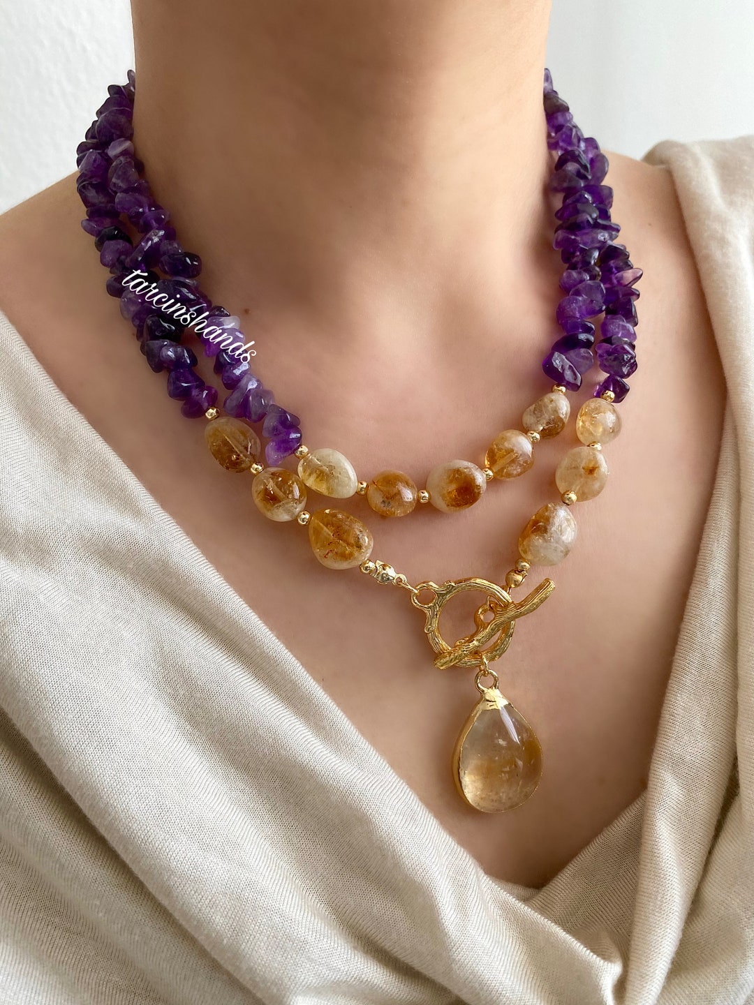Multistrand Amethyst and Citrine Gold Toggle Necklace , Layered ...