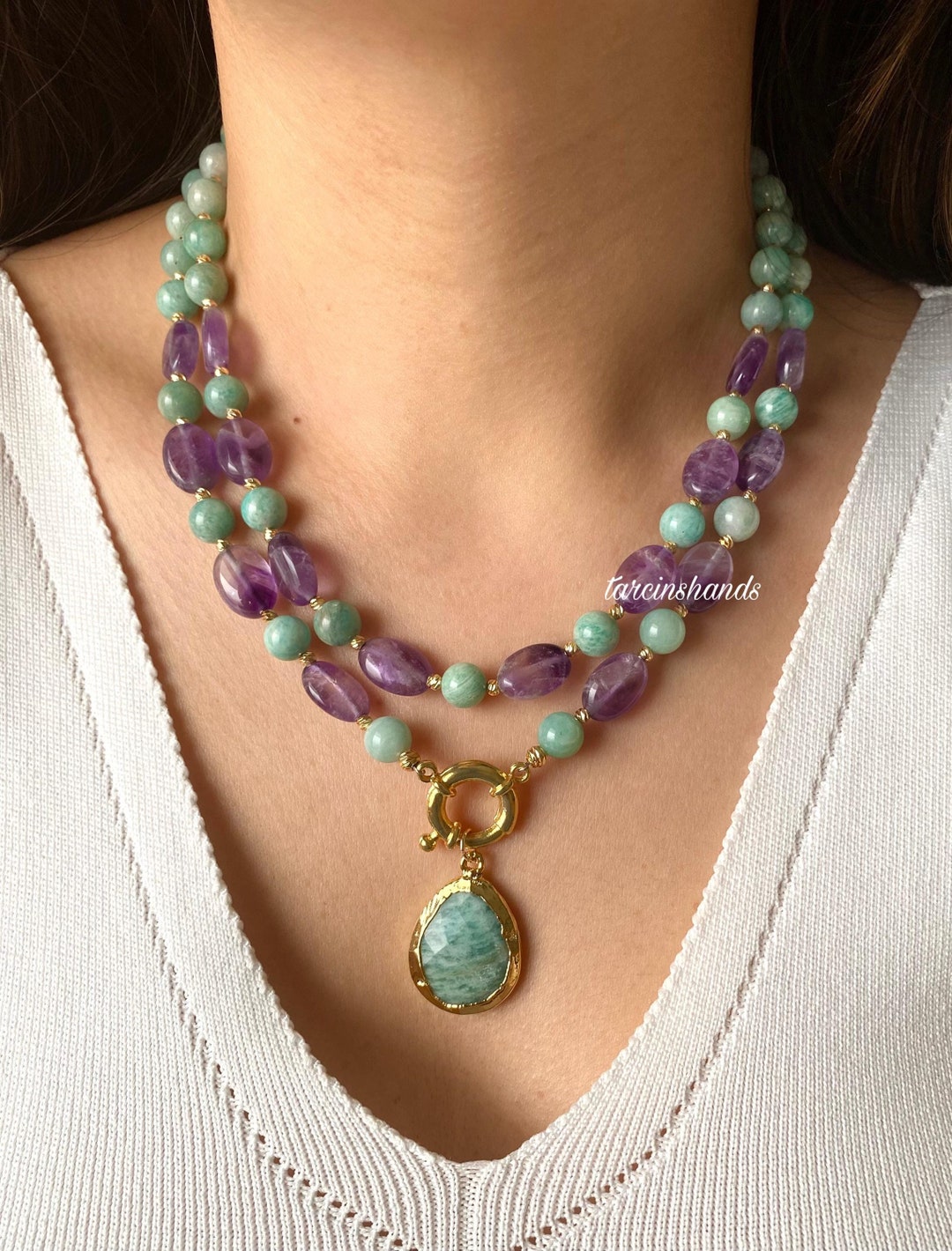 Multistrand Amazonite and Amethyst Gold Necklace,blue and Purple Semi ...