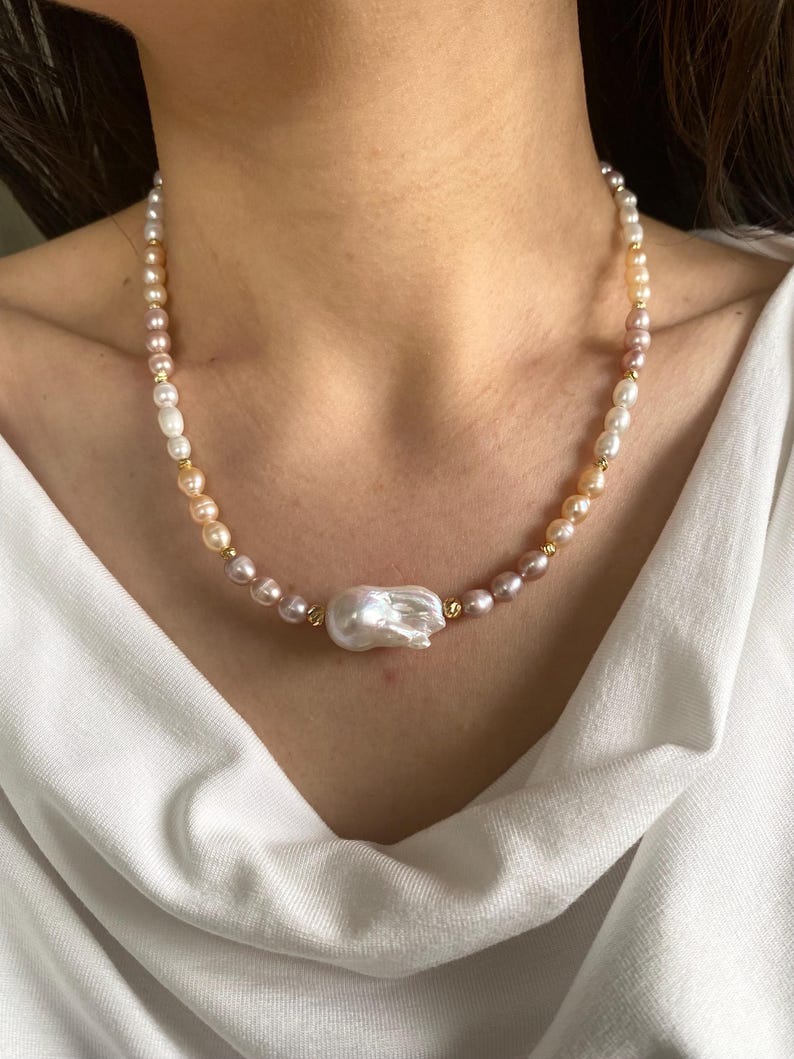 Tri-color Pastel Pearl Necklace, Gold Plated Baroque Drop Jewelry - Etsy