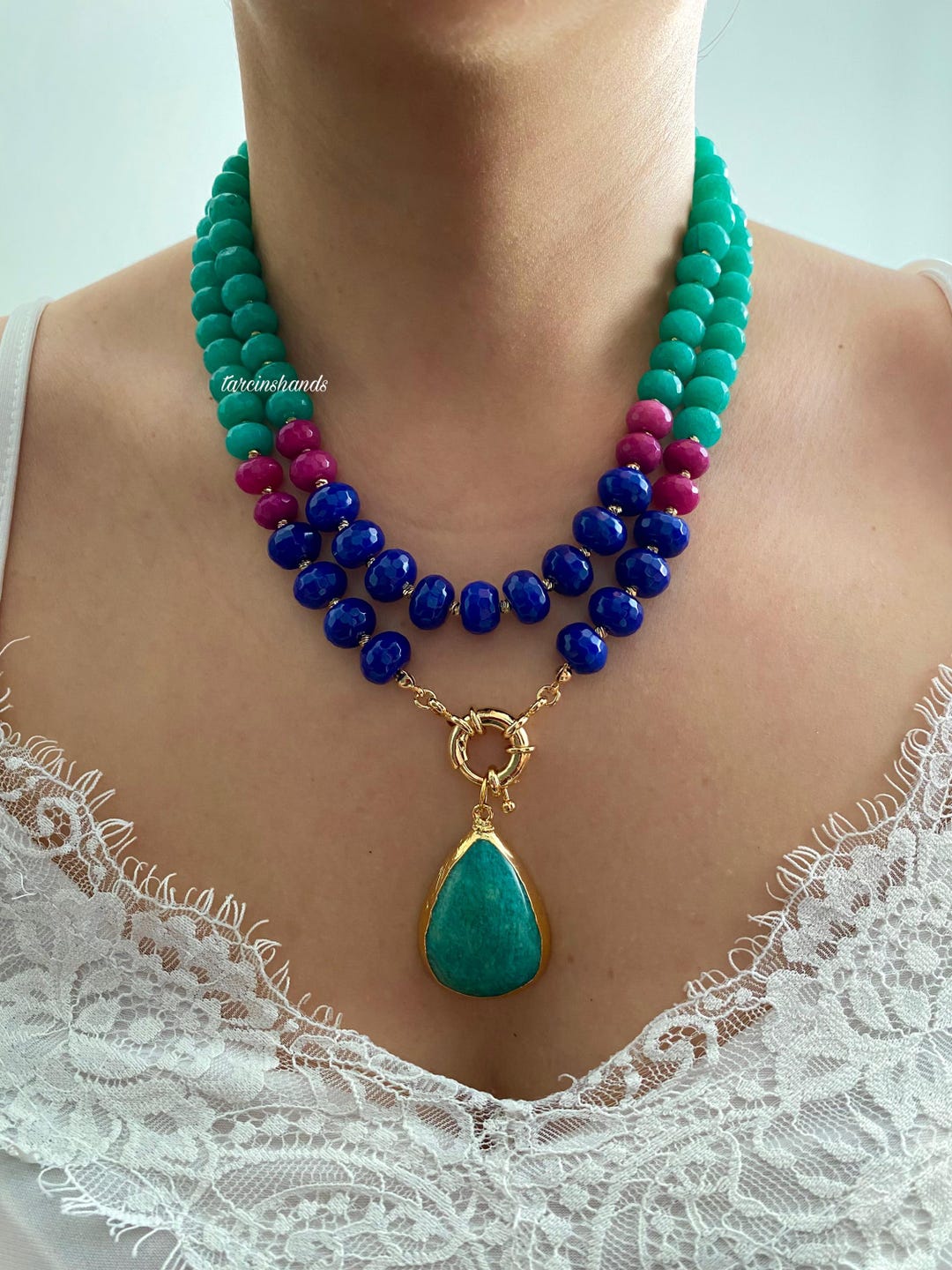 Blue-purple Agate Multistrand Gold Filled Necklace With Amazonite ...
