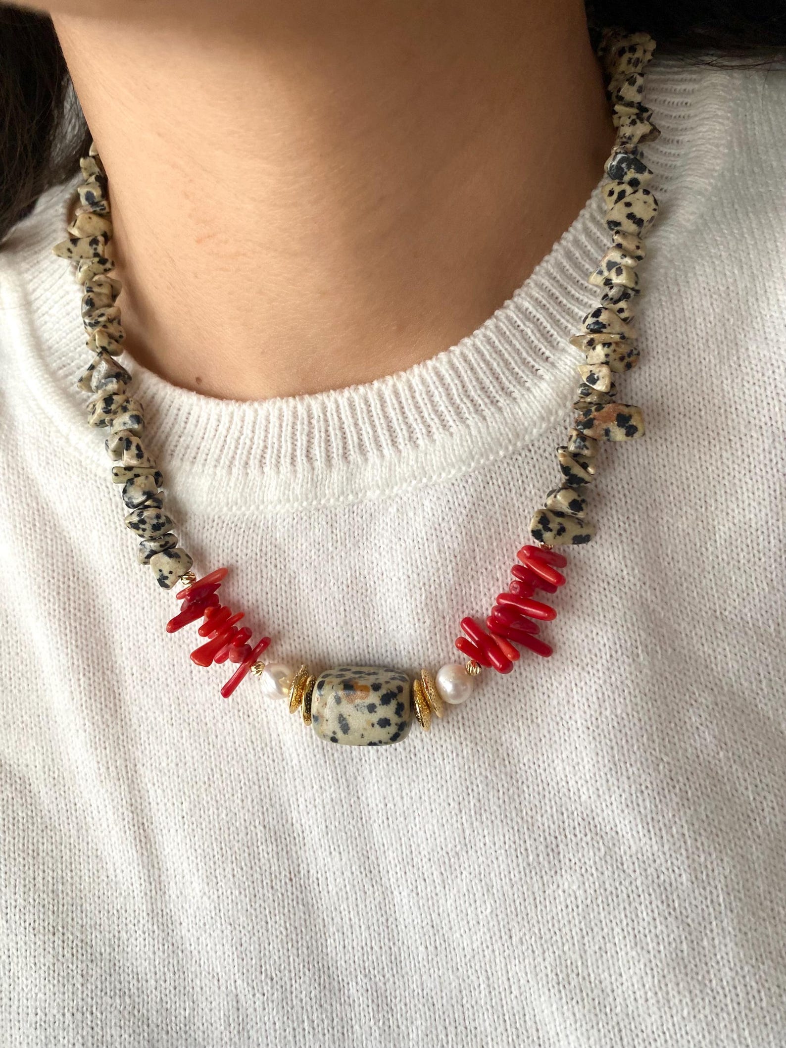 Dalmatian Jasper Red Coral Necklace, Gold Plated Boho Pearl Statement ...