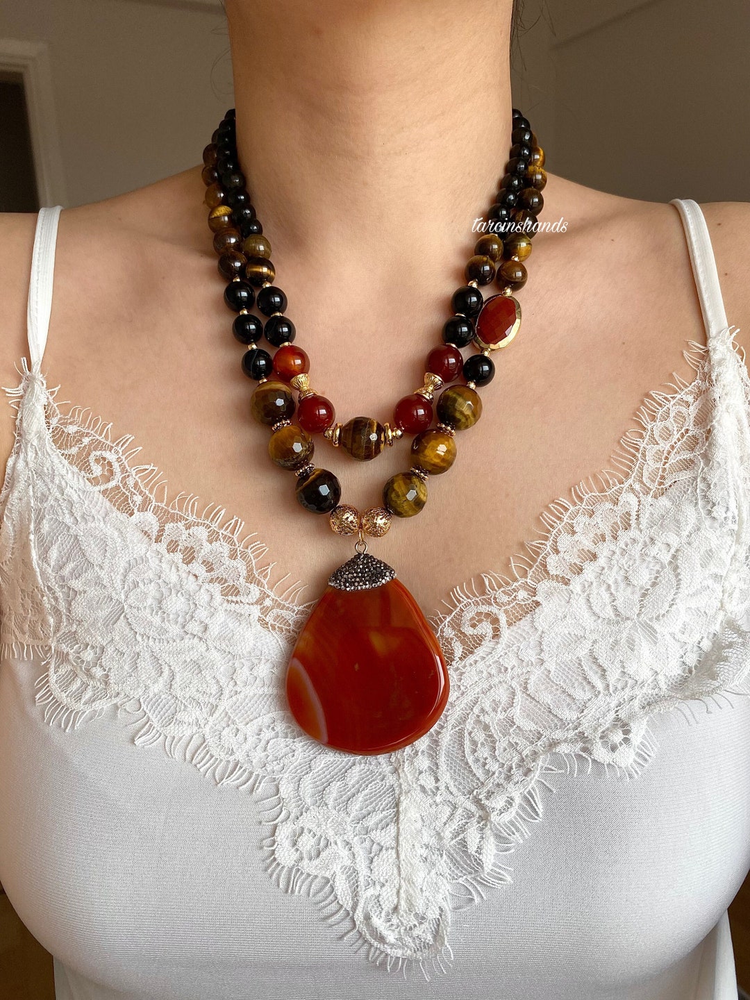 Tiger's Eye Carnelian Obsidian Necklace With Agate Pendant ...