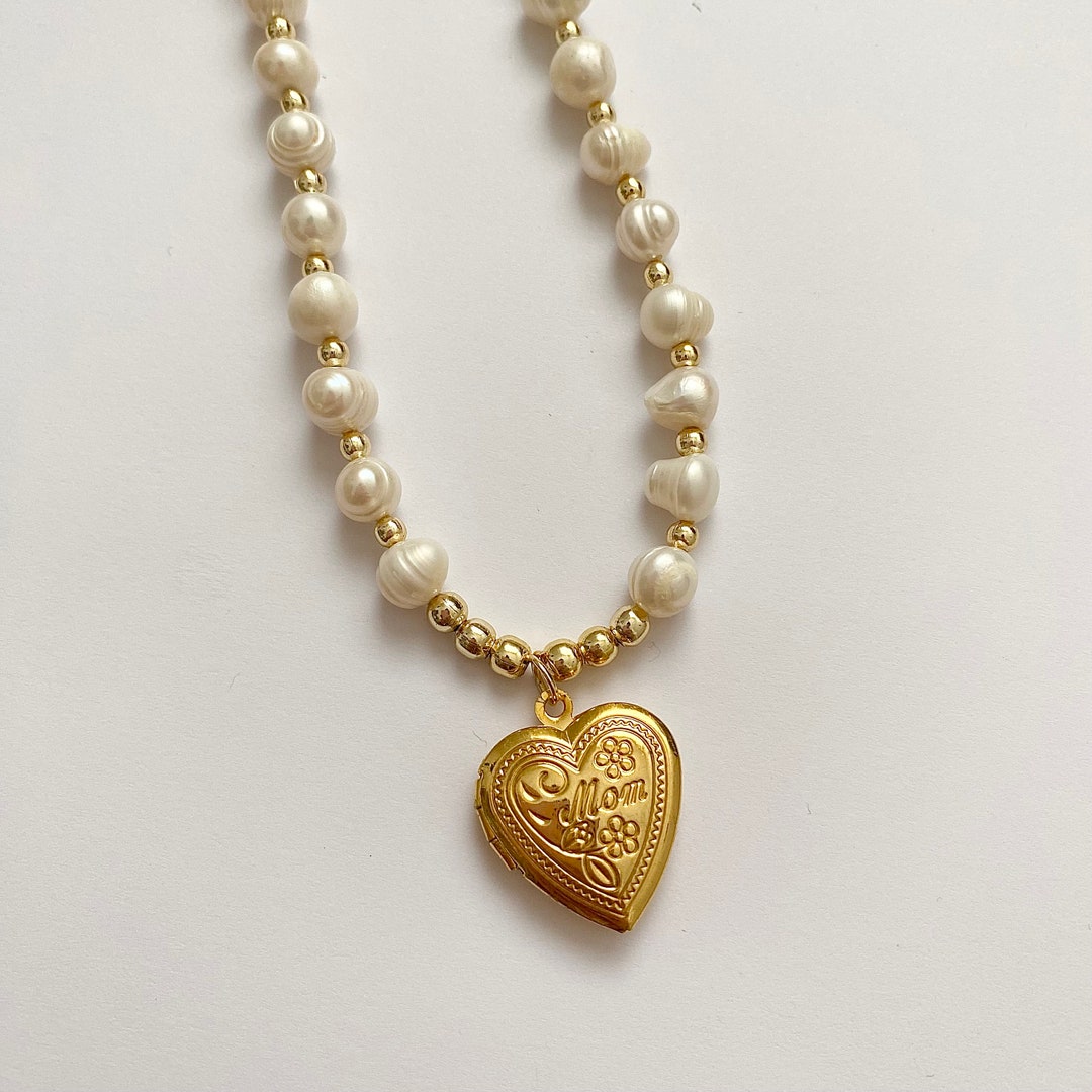 Mom Heart Locket Freshwater Pearl Gold Plated Necklace - Etsy