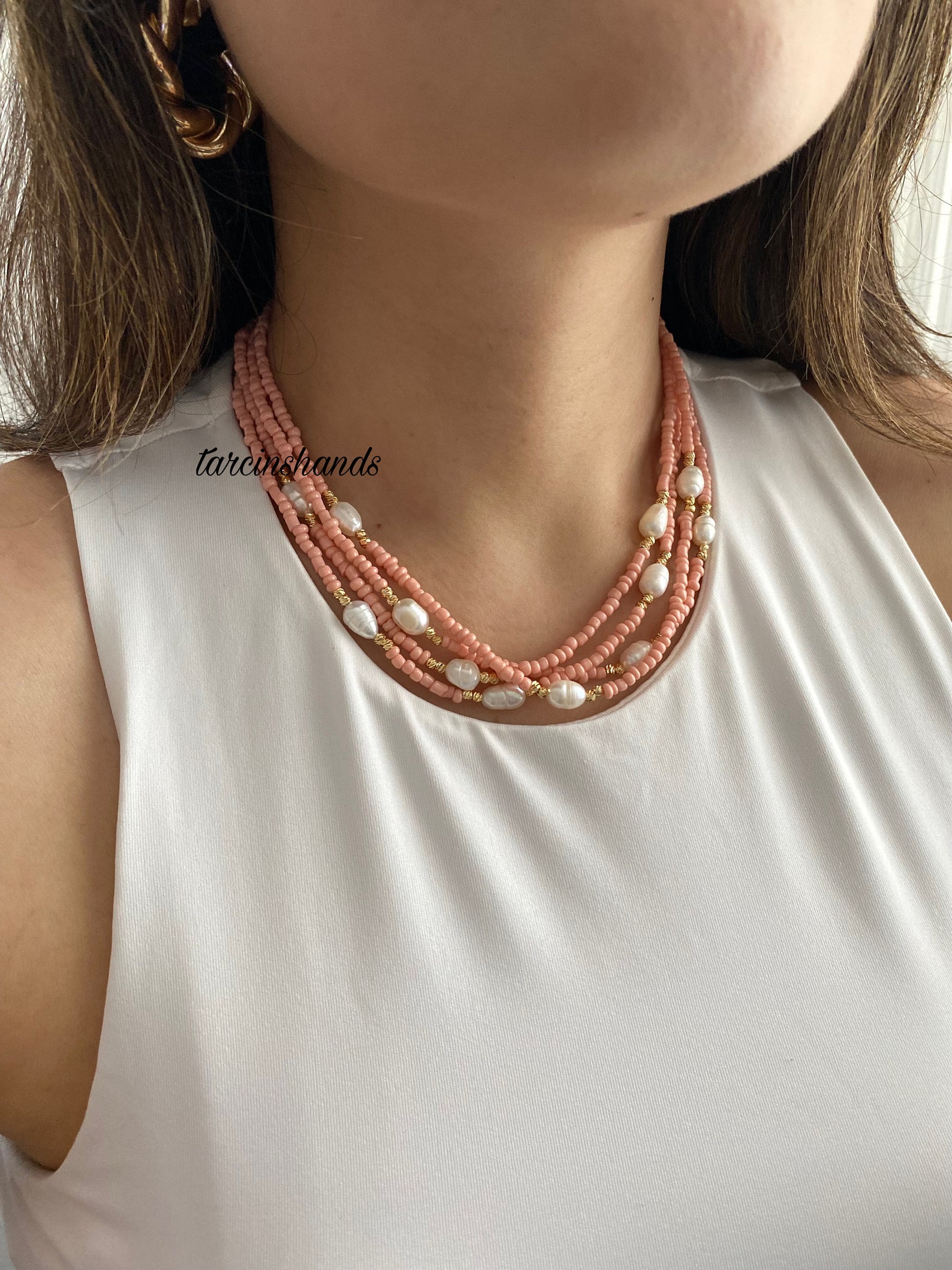 Multistrand Seed Bead Pearl Gold Necklace , Layered Seed Bead Necklace ...