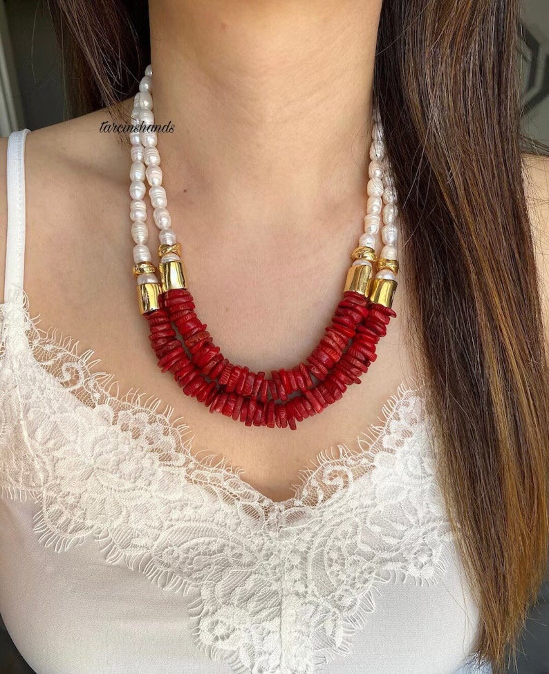 Chic Gold-plated Red Coral & Pearl Necklace Two-layered Elegant Design ...