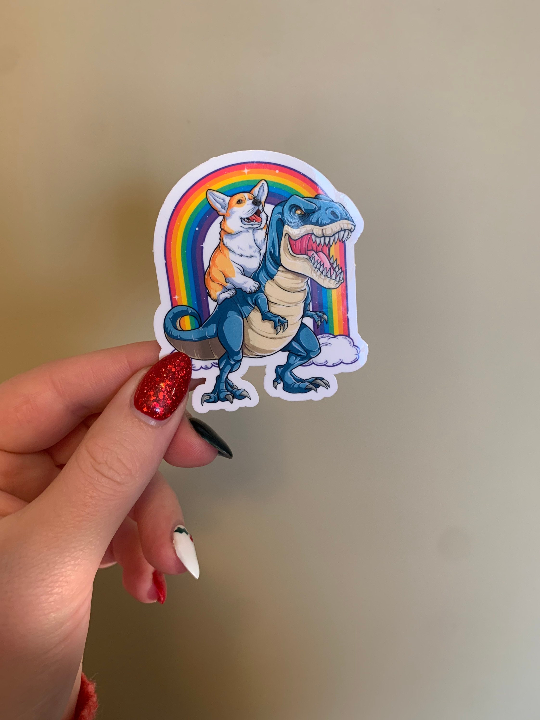 Corgi Riding a T Rex Sticker /t-rex Dinosaur Sticker / Corgi - Etsy