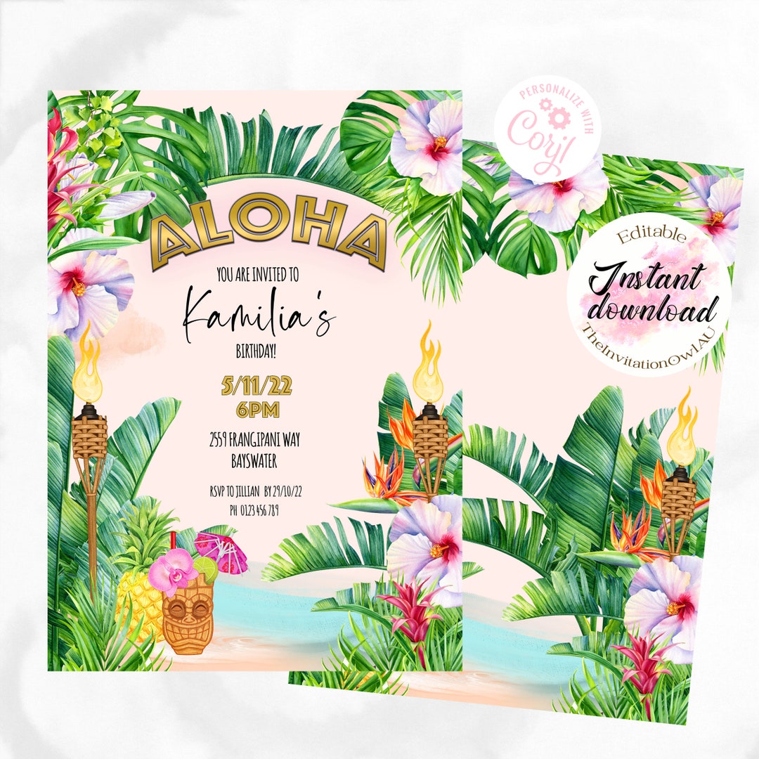 Aloha Hawaiian Party Invitation. 5"x7" or 4"x6" Sized EDITABLE TEMPLATE ...