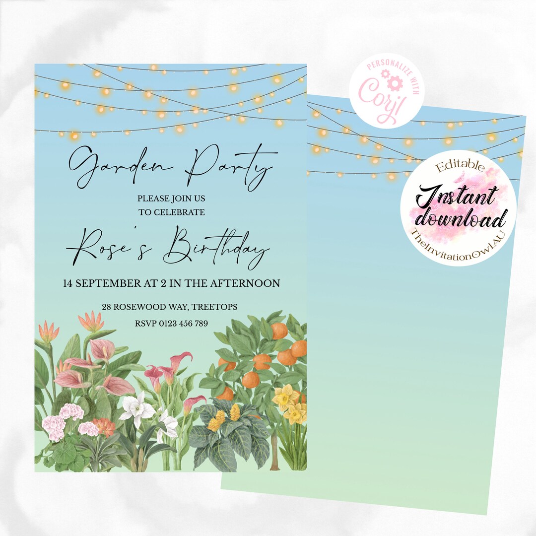 Garden Party Themed Invitation, 5x7 or 4x6 Sized EDITABLE TEMPLATE ...