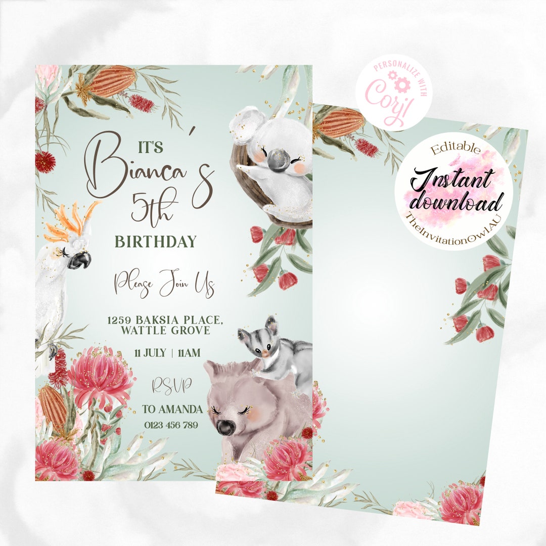 Australian Animals Invitation, Cute Animals Australiana 5x7 or 6x4 ...