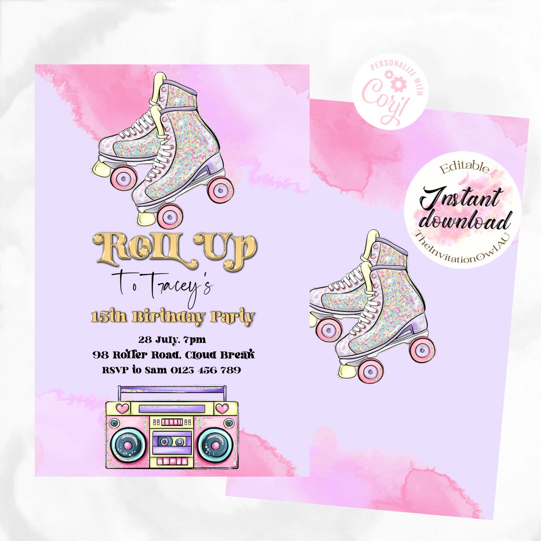 Roll up Roller Skates Party Invitation EDITABLE TEMPLATE - Etsy Australia