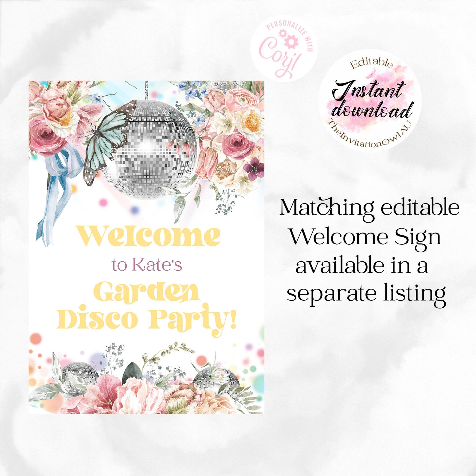 Disco Garden Party Invitation. 5"x7" or 4"x6" Sized EDITABLE TEMPLATE ...