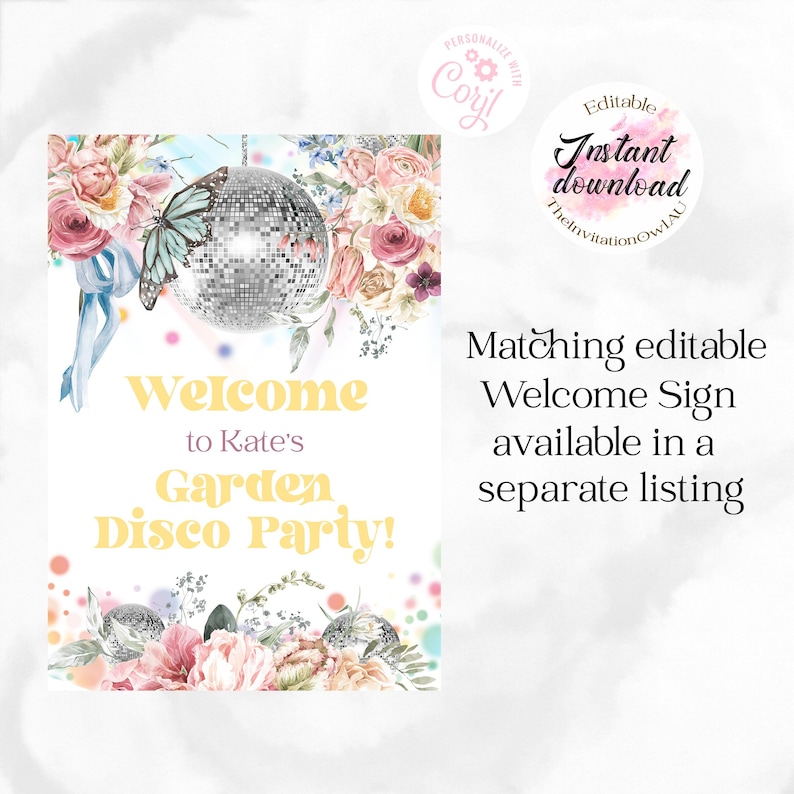 Disco Garden Party Invitation. 5"x7" or 4"x6" Sized EDITABLE TEMPLATE ...