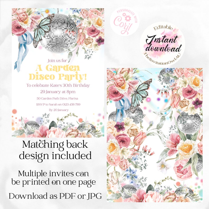 Disco Garden Party Invitation. 5"x7" or 4"x6" Sized EDITABLE TEMPLATE ...