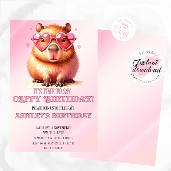 EDITABLE Capybara Birthday Invitation, Capy Birthday Party, Capybara ...
